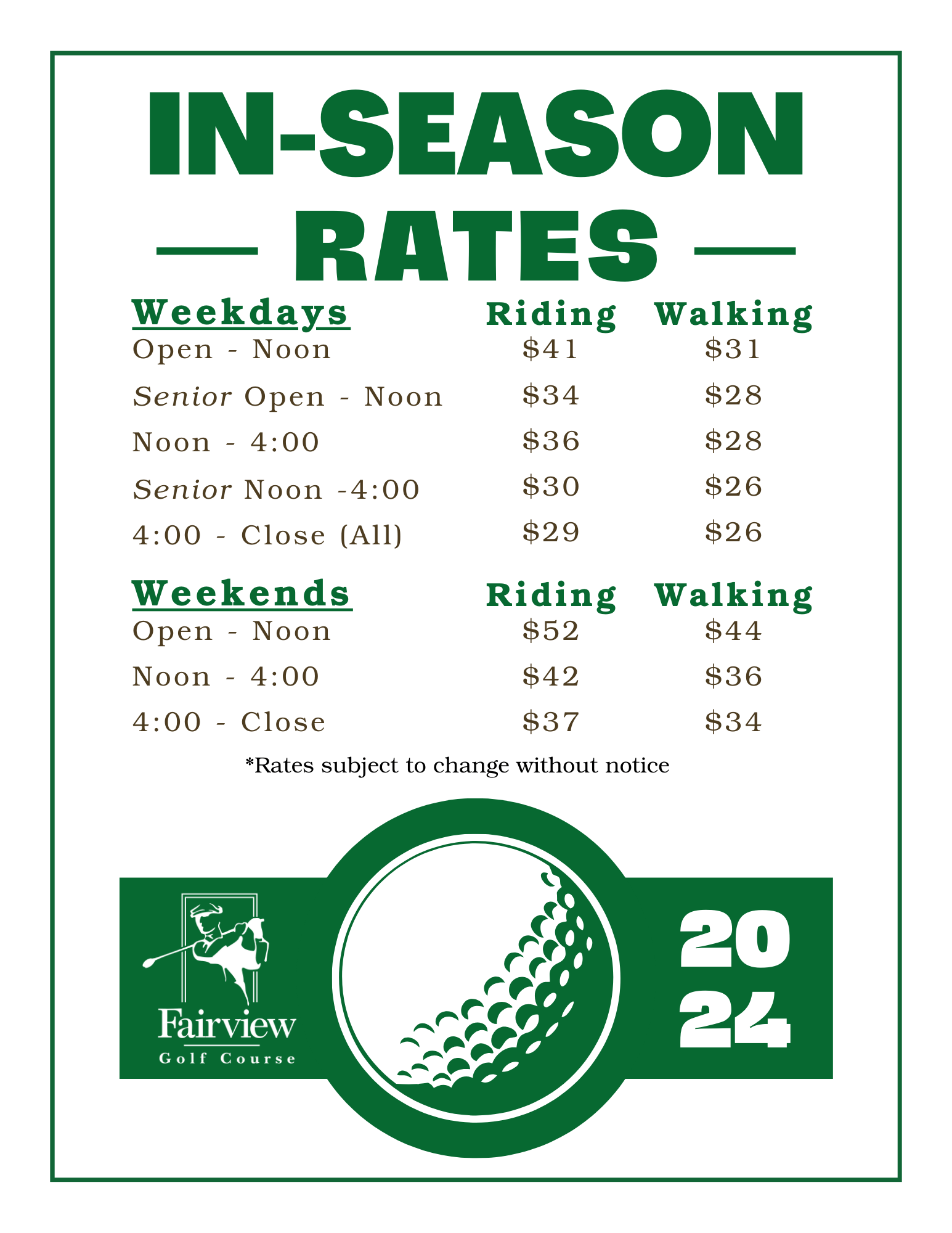 Rates + Fees - Fairview Golf Course