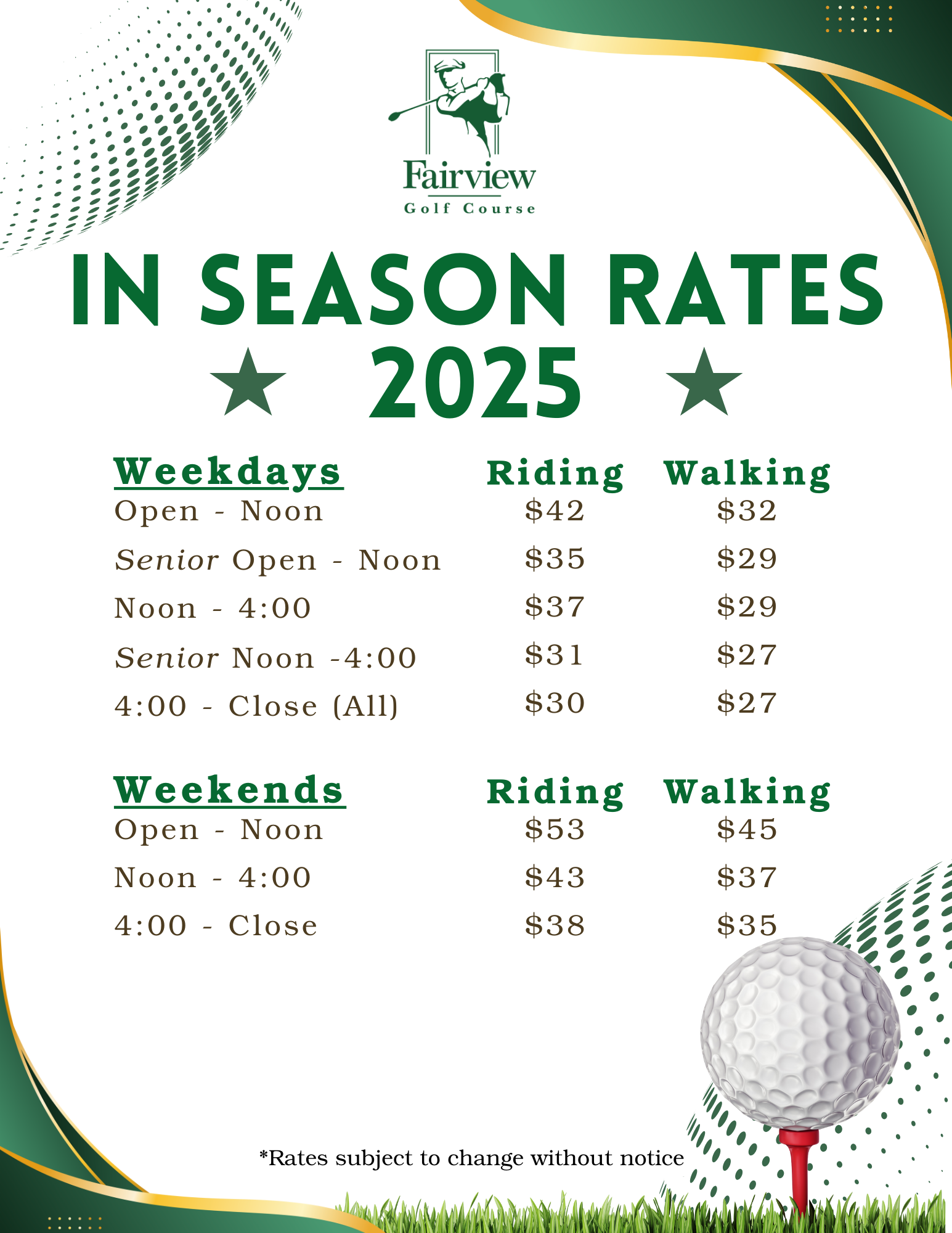 Rates + Fees - Fairview Golf Course